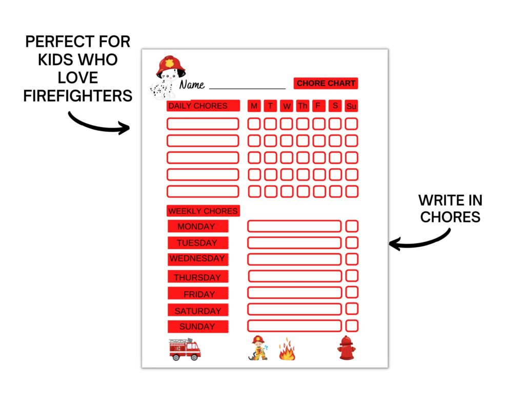 Fire Fighter Printable Chore Chart for Boys - Mess for Less Shop