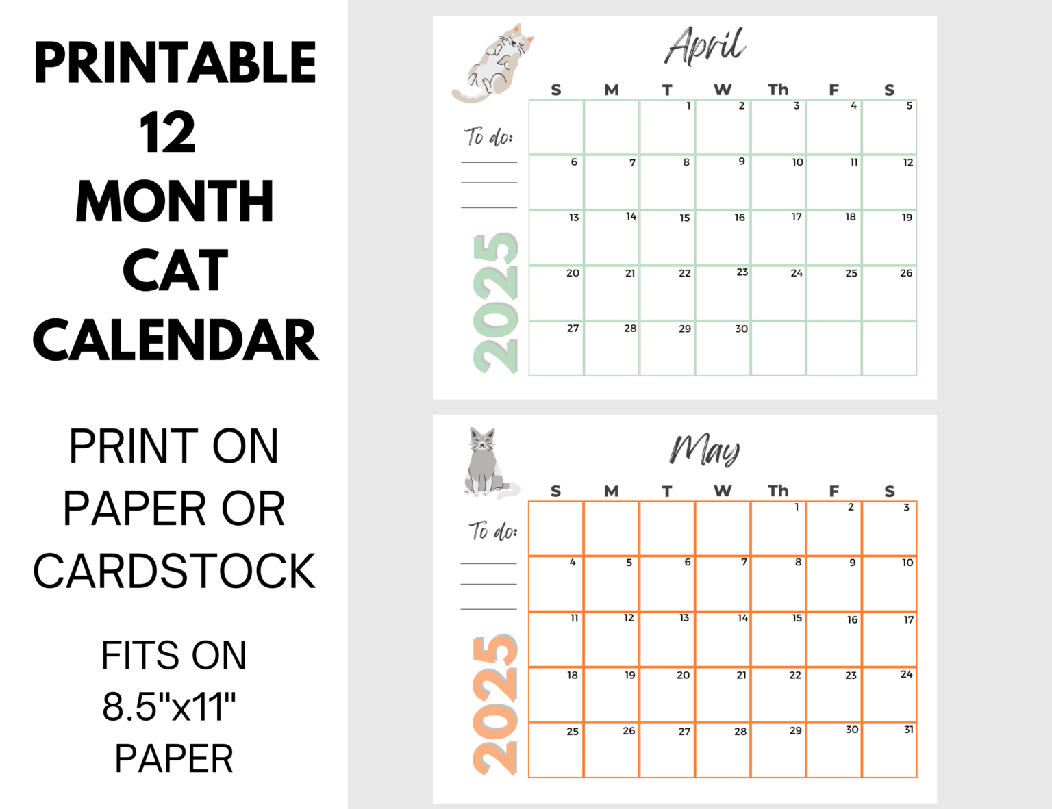 2025 Printable Cat Calendar With Numbers - Mess for Less Shop
