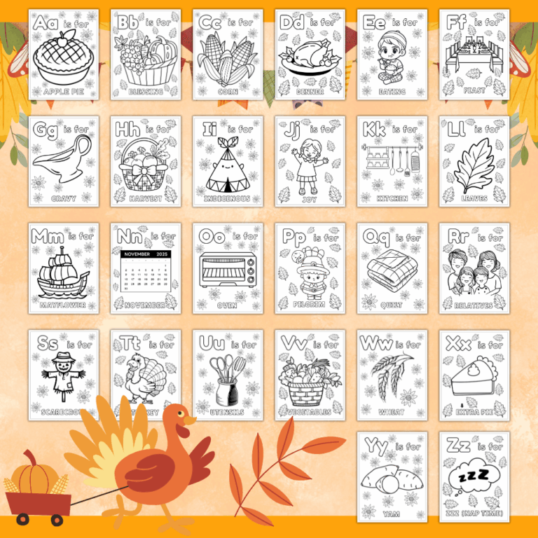 Printable Thanksgiving Alphabet Coloring Pages (26 Pages) - Mess for ...